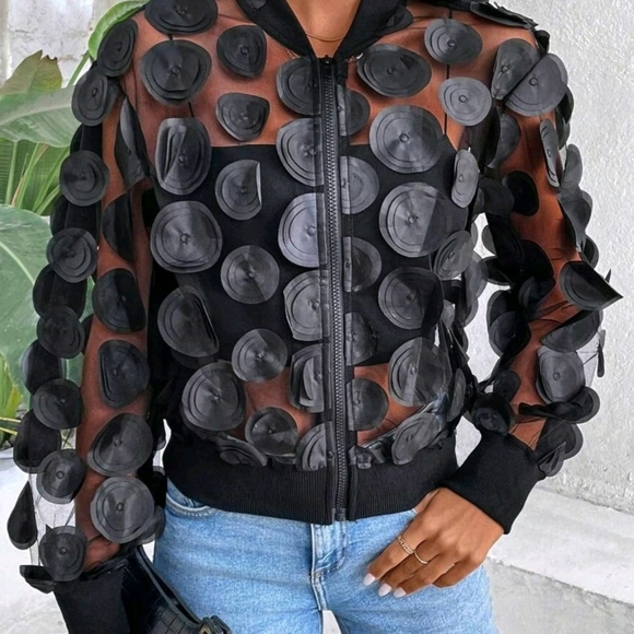 Jackets & Coats | Black Sheer Bomber Jacket With Circular Appliqus ...